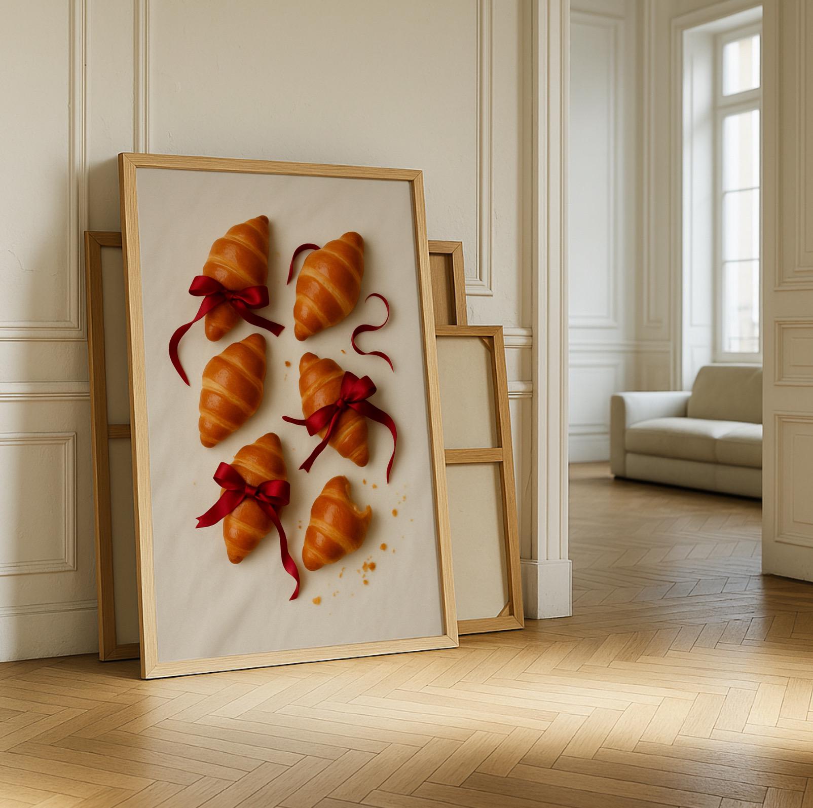 Butter & Bows Poster – Croissant Red Ribbon Wall Art, Moody French ...
