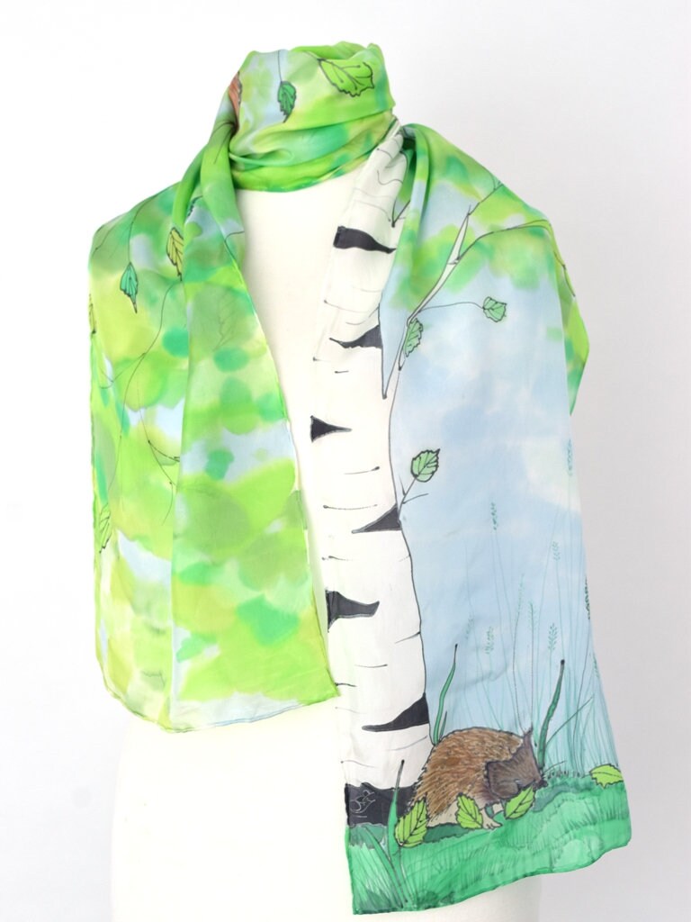 Hedgehog Squirrel Birch Silk Scarf , Nature Lovers Silk Scarf - Etsy
