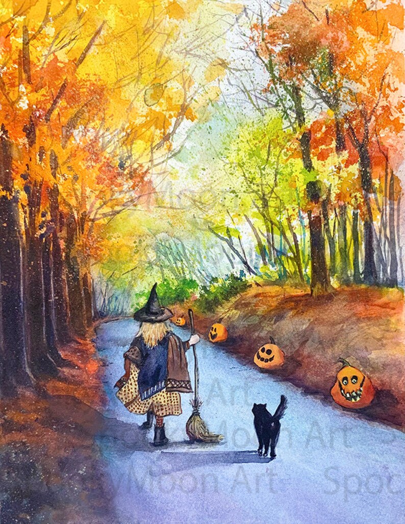 Halloween Witch With Black Cat Autumn Path Double Matted - Etsy