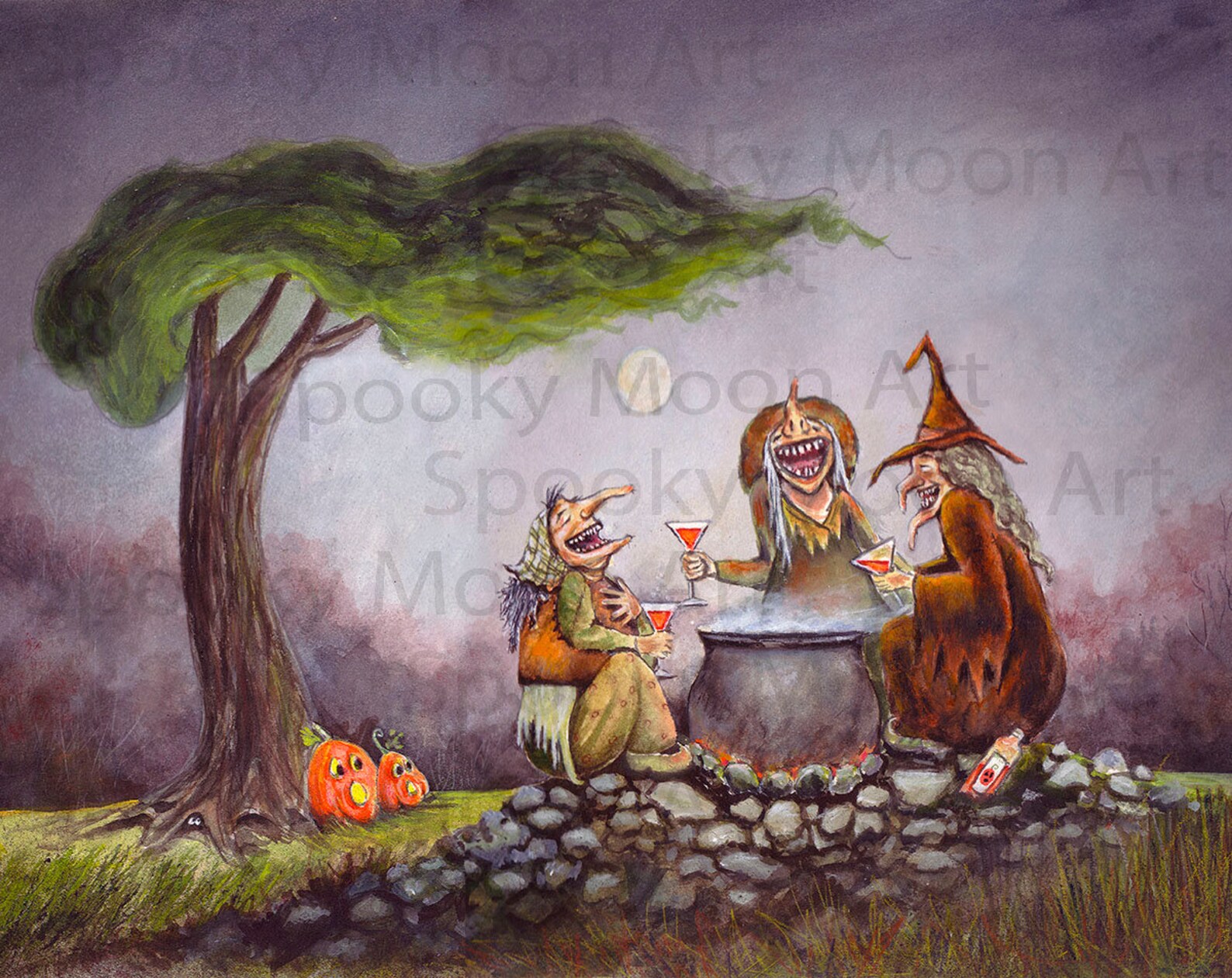 Three Witches With Cocktails Around a Cauldron Print With - Etsy