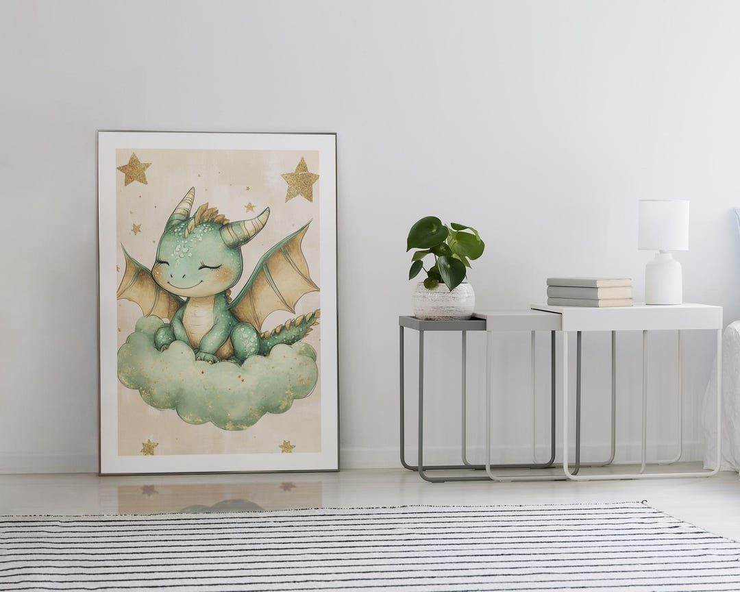 Cute Dragon Wall Art Print, Kawaii Watercolor Cloud Decor, Nursery Art ...