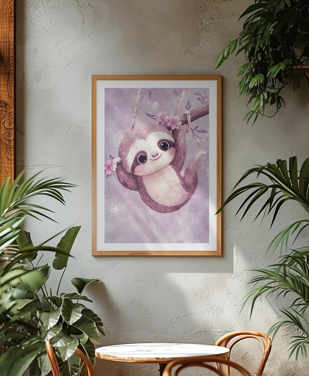 Sloth on Swing Art Print - Whimsical Nursery Decor, Dreamy Purple Wall ...