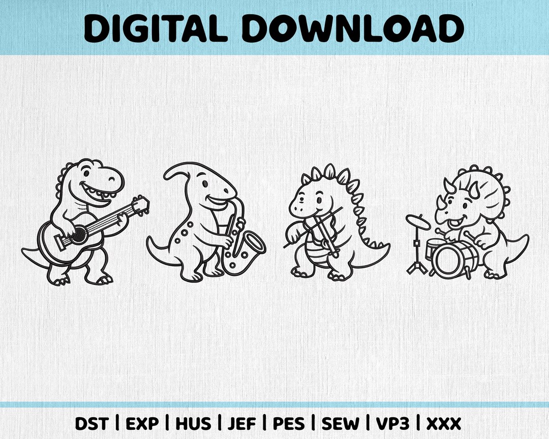 Cute Dinosaurs Embroidery Designs. Dinosaur Playing Guitar, Saxophone ...