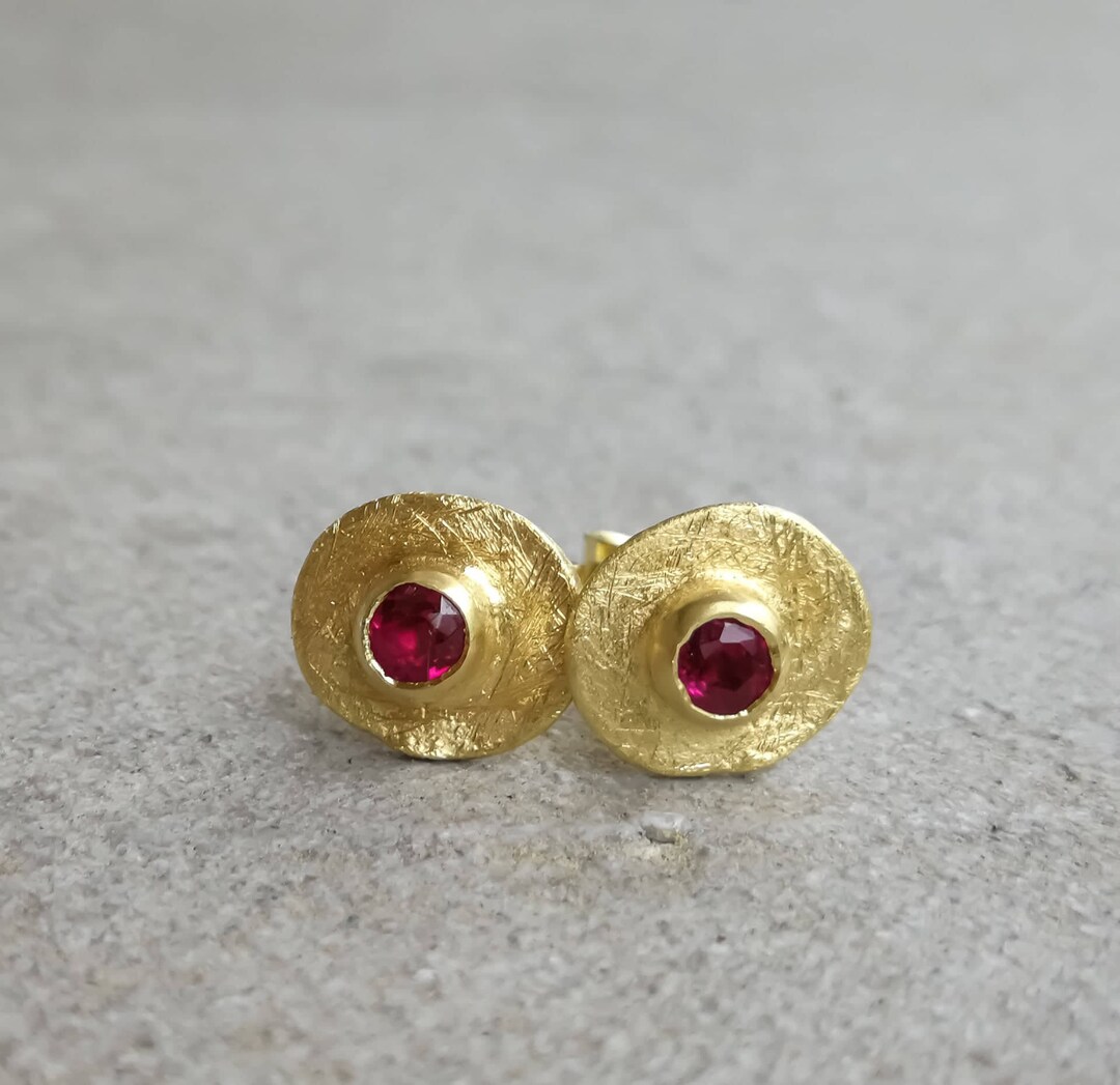 Vintage Style Gold Earrings With Tiny Red Ruby 14K Gold Earrings Yellow ...