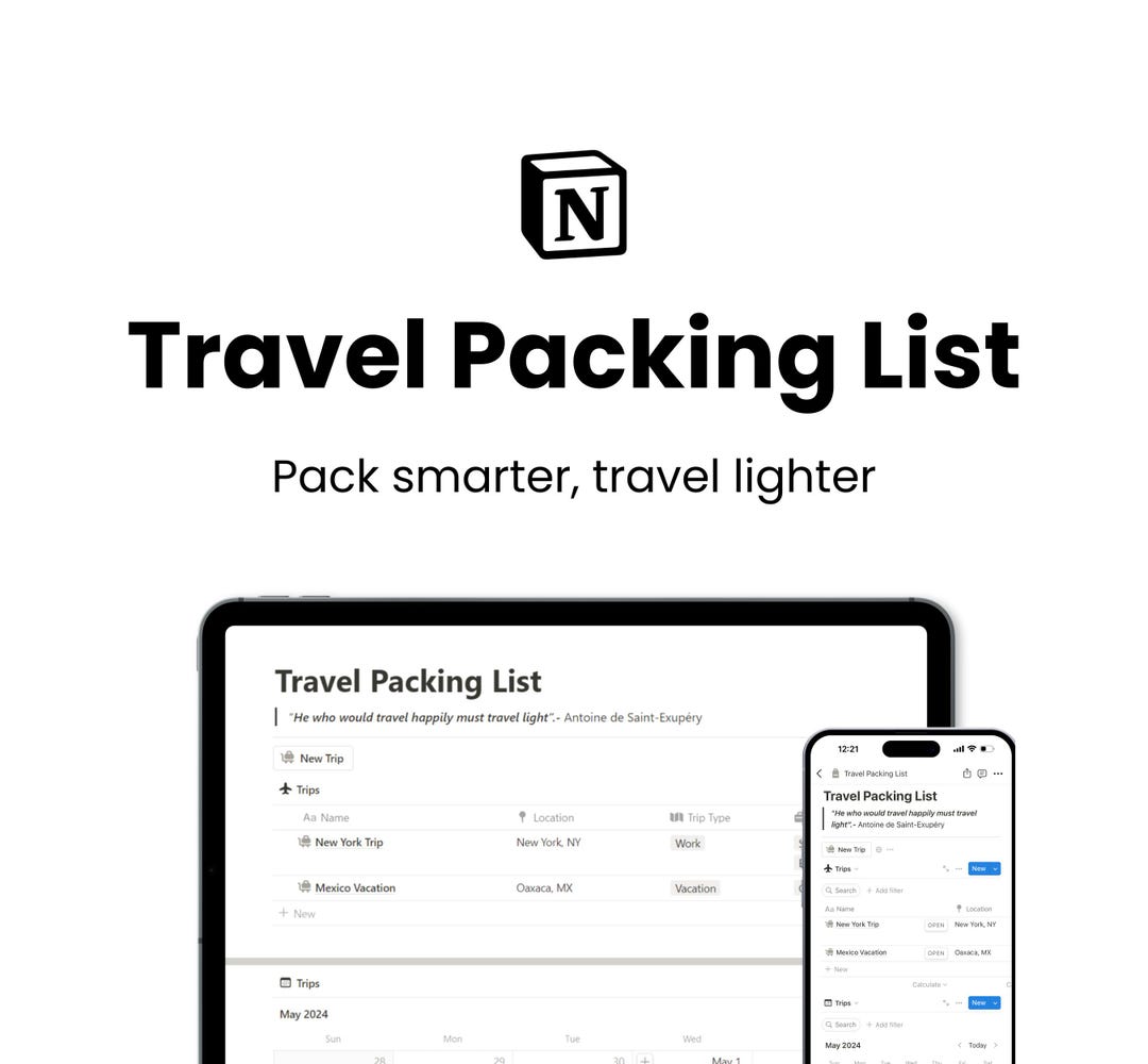 Notion Packing List Template, All in One Travel Packing List ...