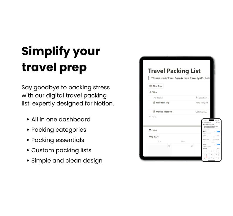 Notion Travel Packing List Template: Minimalist Digital Planner - Etsy