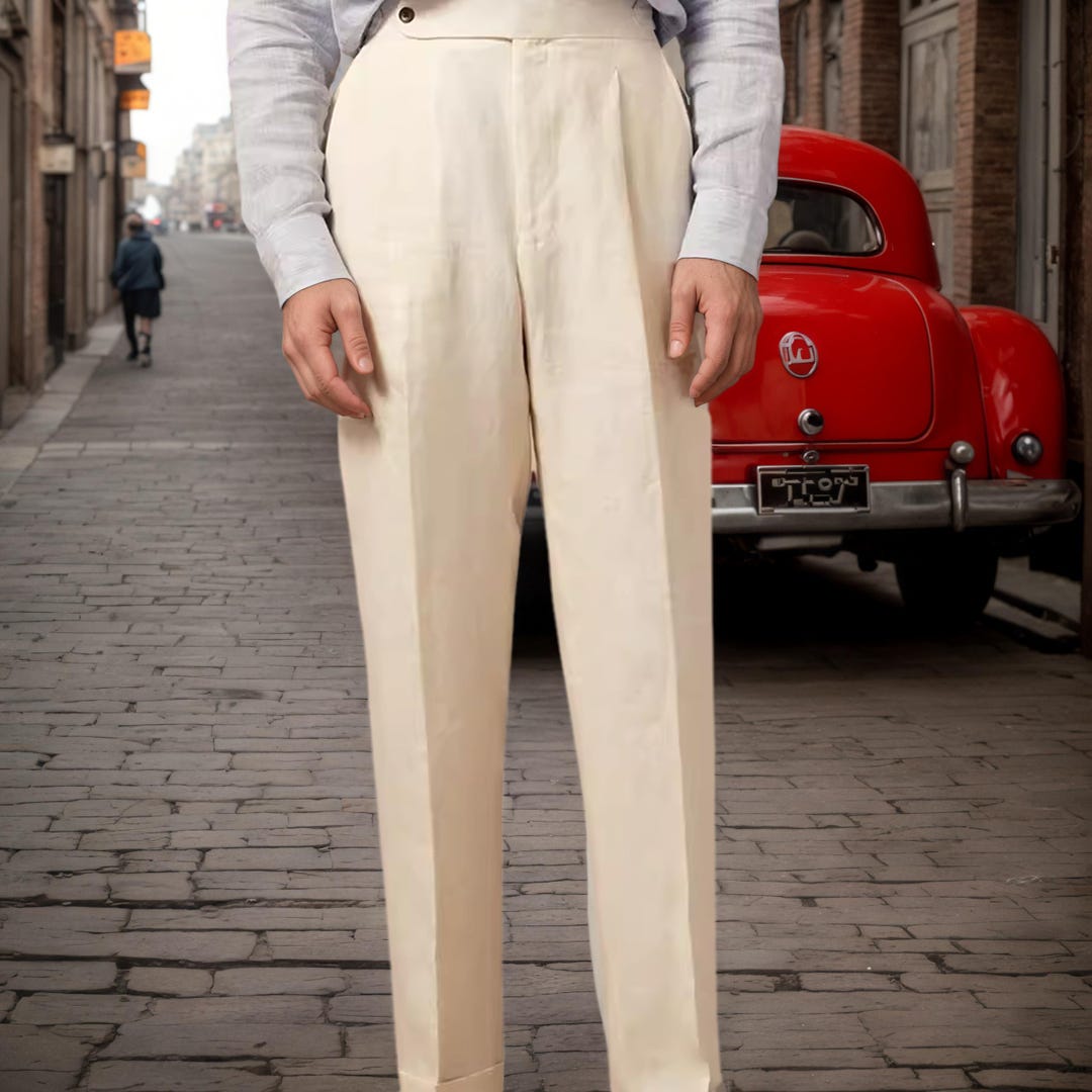 Custom 1940s Italian Style Linen Trousers Mens, High Waisted Relaxed ...