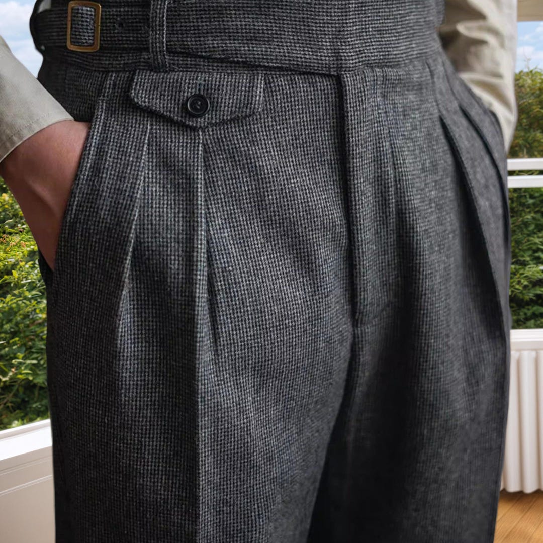 Vintage Gurkha Thickened Woolen Dark Grey Plaid Pants for Men, Straight ...