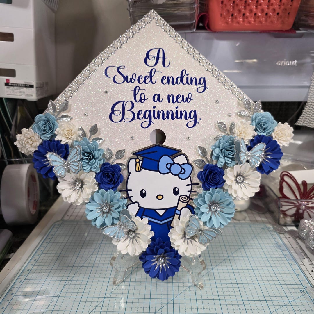 Ready to Ship Blue Kawaii Graduation Cap Topper Cute Bow Graduation Cap ...