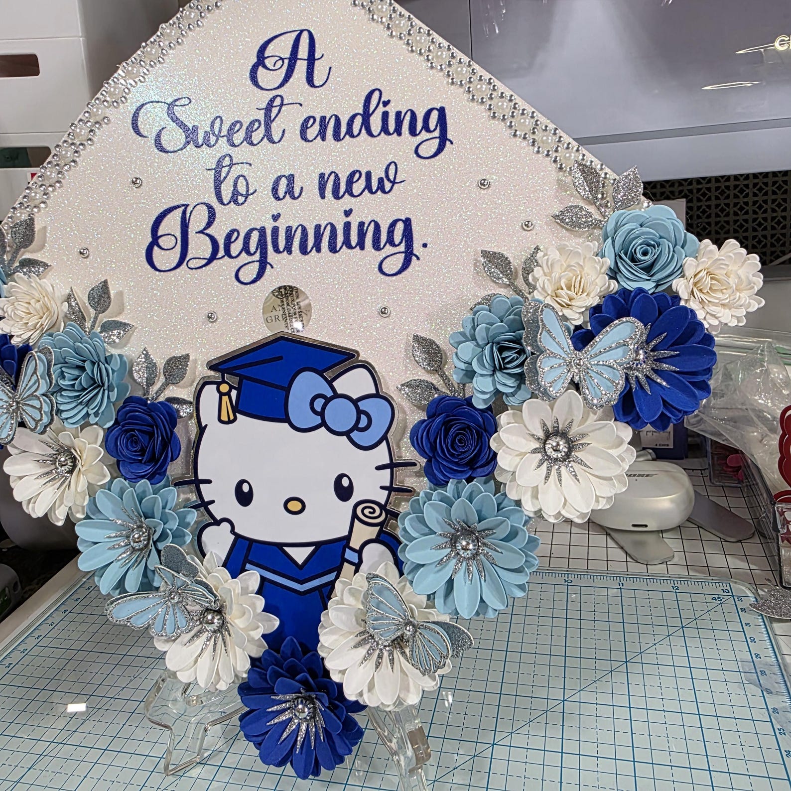 Ready to Ship Blue Kawaii Graduation Cap Topper Cute Bow Graduation Cap ...