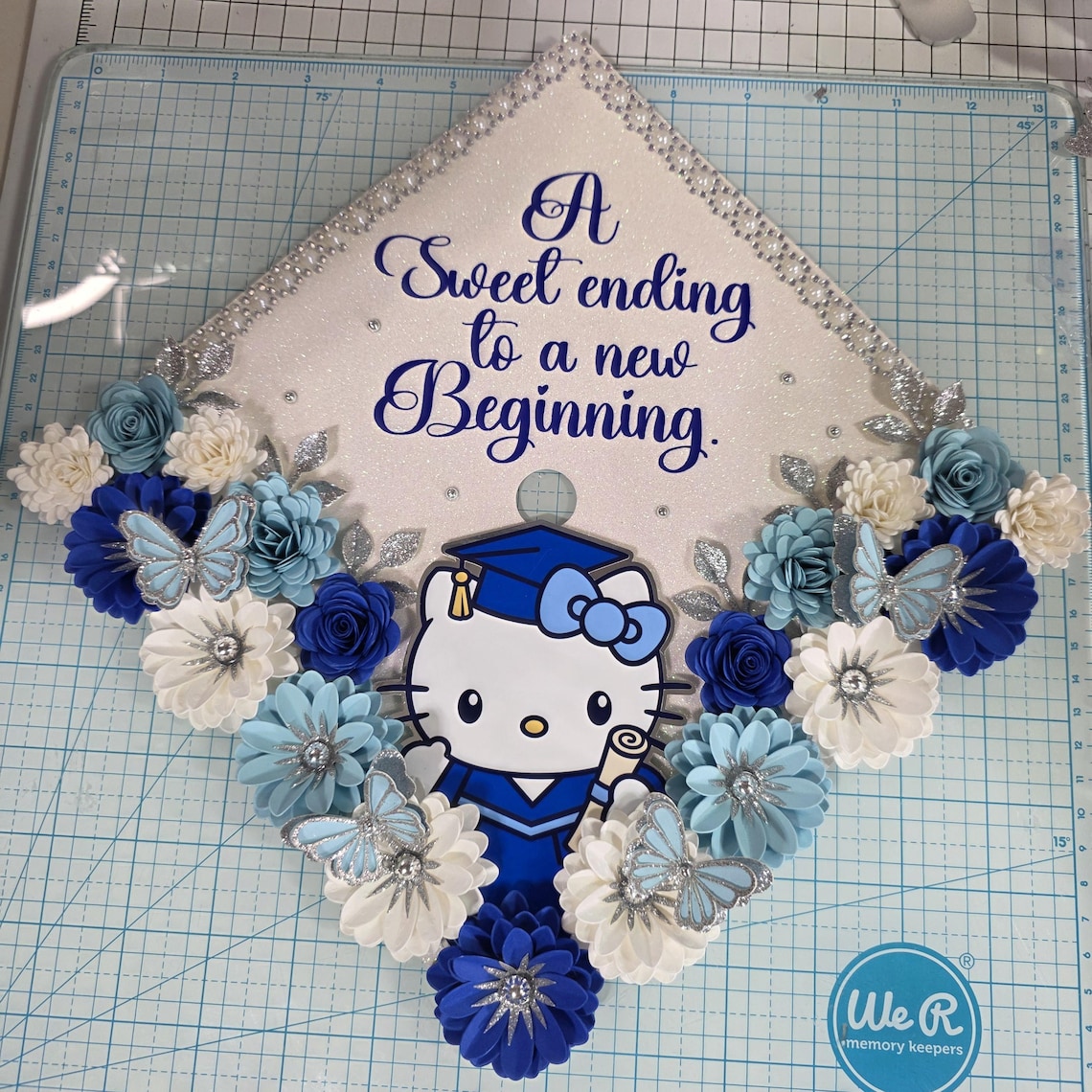 Ready to Ship Blue Kawaii Graduation Cap Topper With Handmade Flowers ...