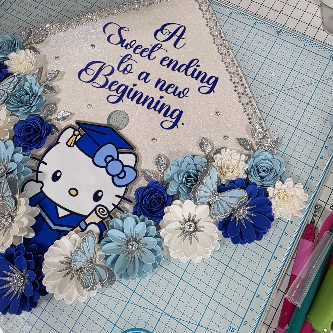 Ready to Ship Blue Kawaii Graduation Cap Topper With Handmade Flowers ...