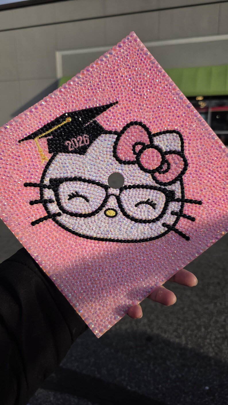 Ready to Ship Rhinestone Kitty Graduation Cap Topper Pink Sparkle Grad ...