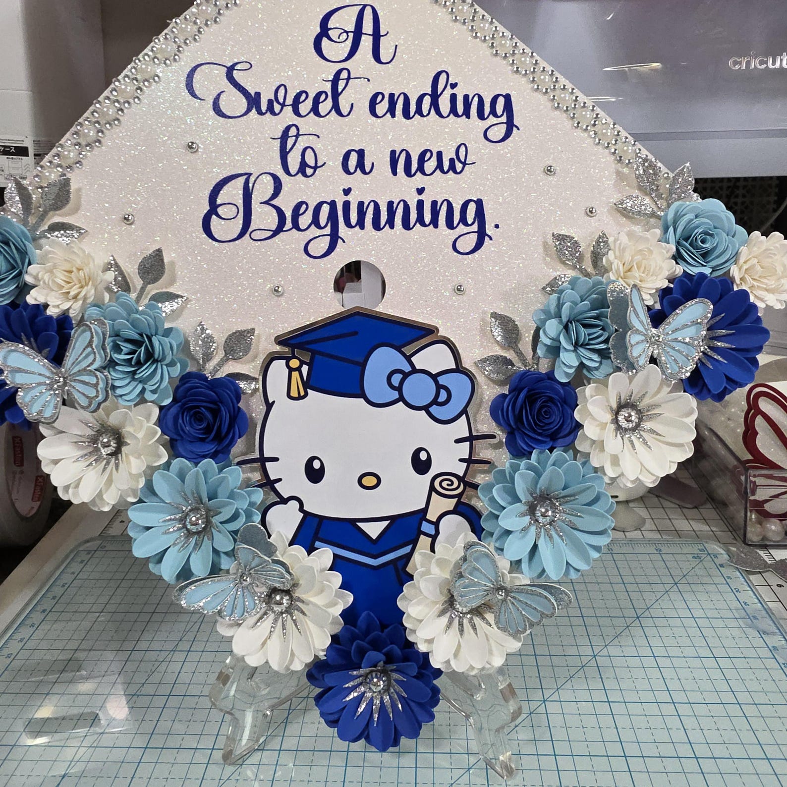 Ready to Ship Blue Kawaii Graduation Cap Topper Cute Bow Graduation Cap ...