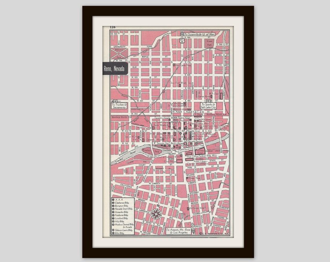 Reno Nevada Map, City Map, Street Map, 1950s, Pink, Black and White ...
