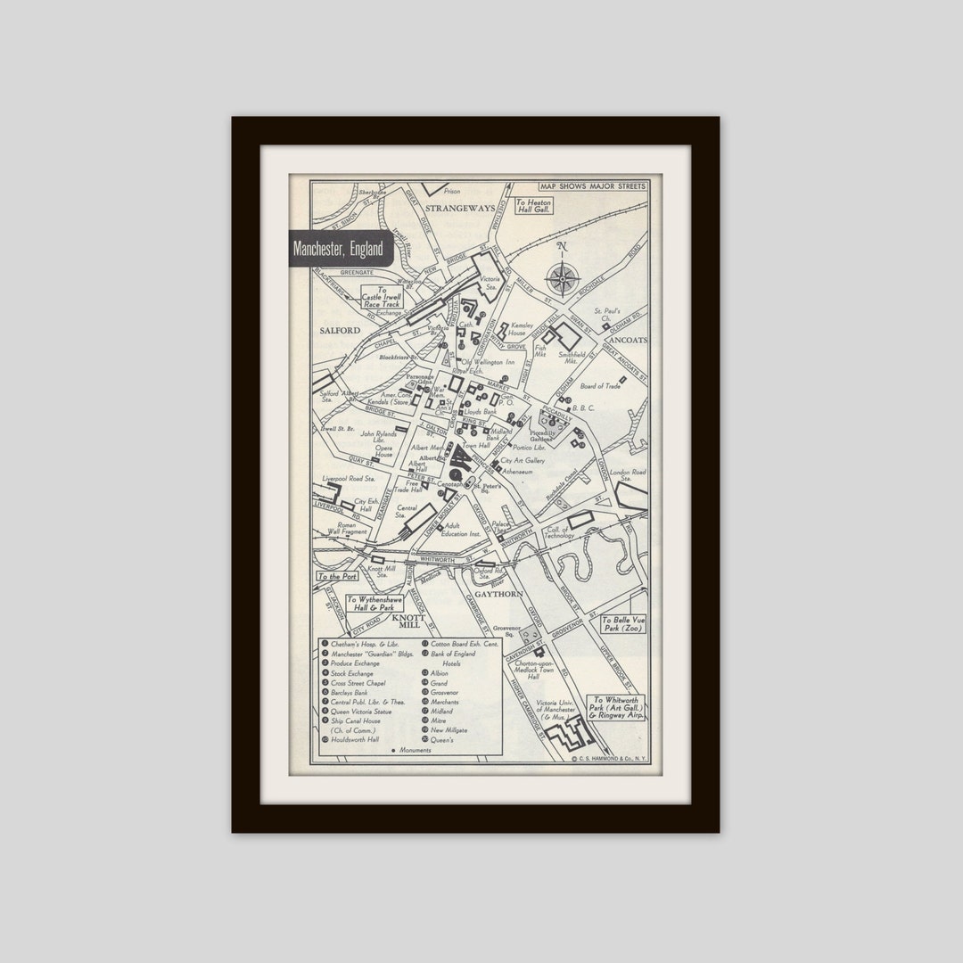 Manchester England Map, City Map, Street Map, 1950s, Europe, Black and ...