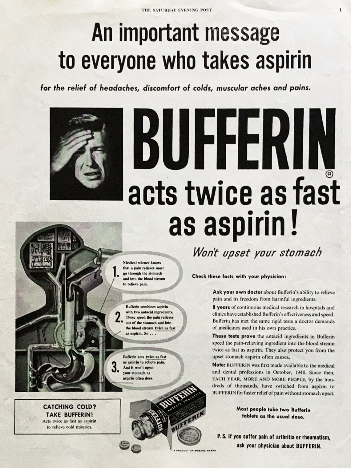 1955 Bufferin Ad, Headache Medicine Ad, Original Magazine Advertisement ...