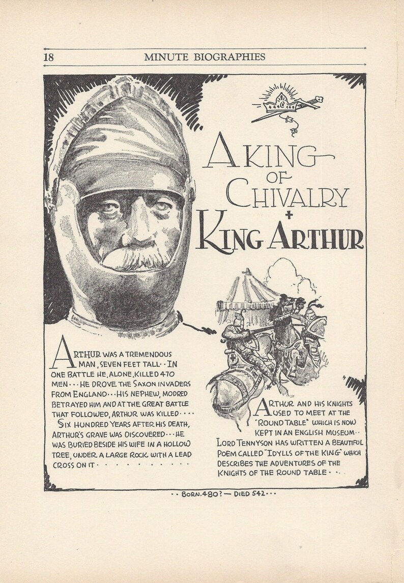 King Arthur Vintage Art Print Historical Figure Classic | Etsy