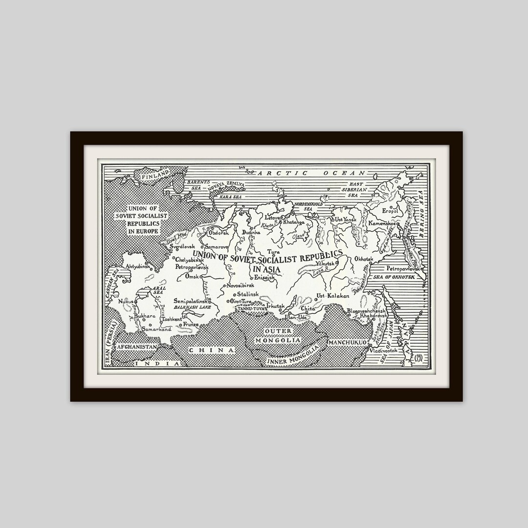 1945 USSR in Asia Map, Original Black and White Map, Vintage Soviet ...