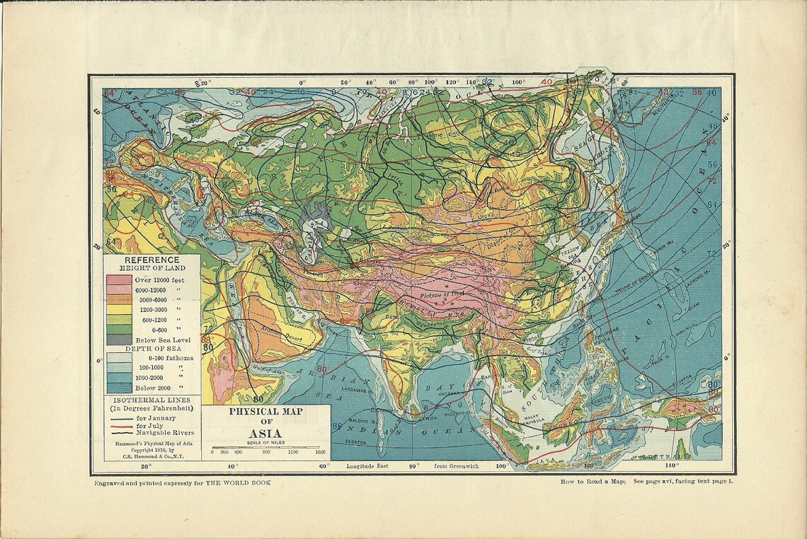 Physical Map of Asia 1930 Original Map Antique Asia Map | Etsy UK