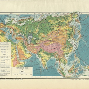 Physical Map of Asia, 1930 Original Map, Antique Asia Map, Colorful Map ...