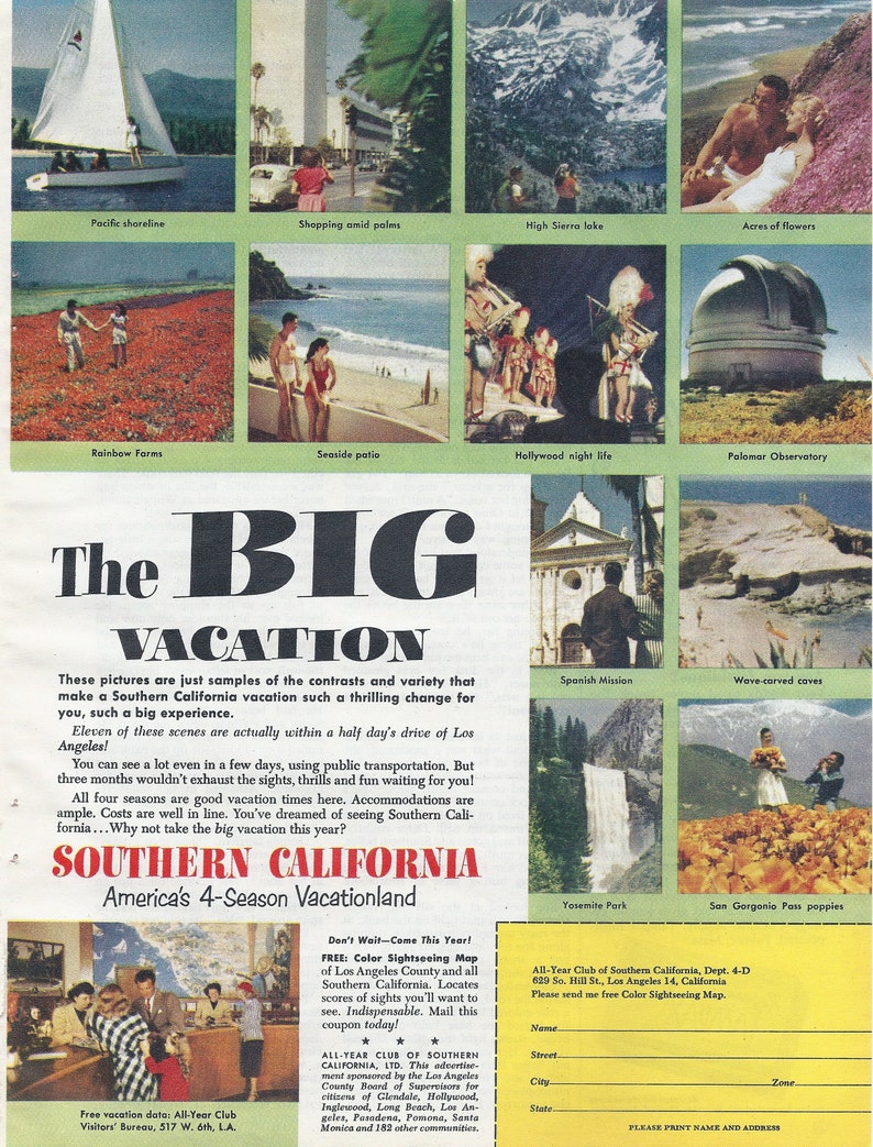 1953 Vintage California Travel Ad Southern California Ad - Etsy