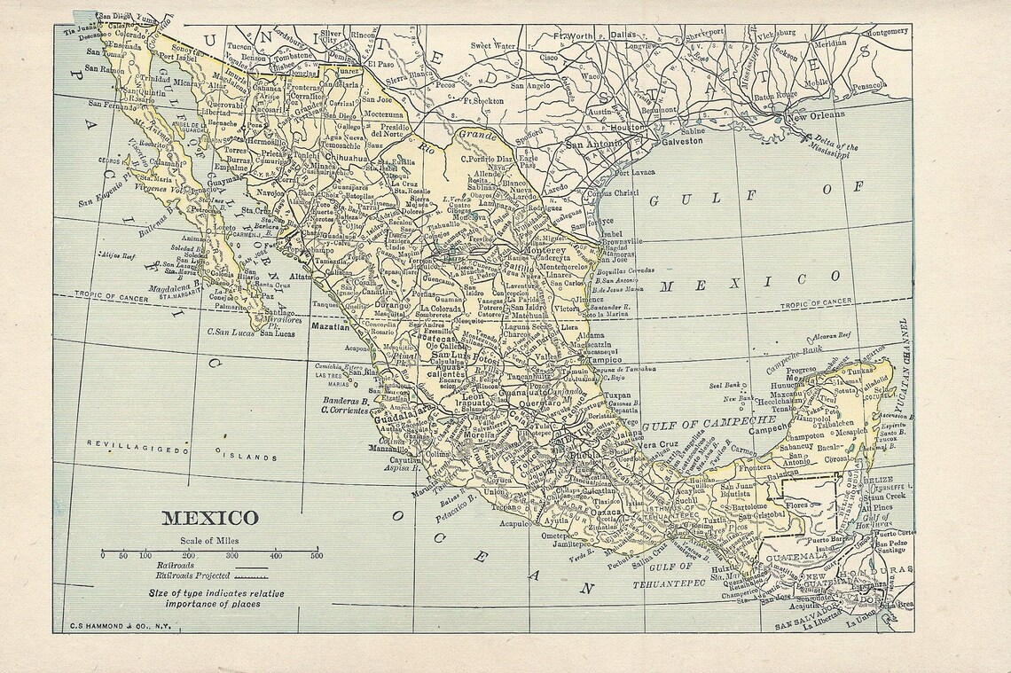 Antique Mexico Map 1926 Map Mexican Map Blue and Yellow - Etsy