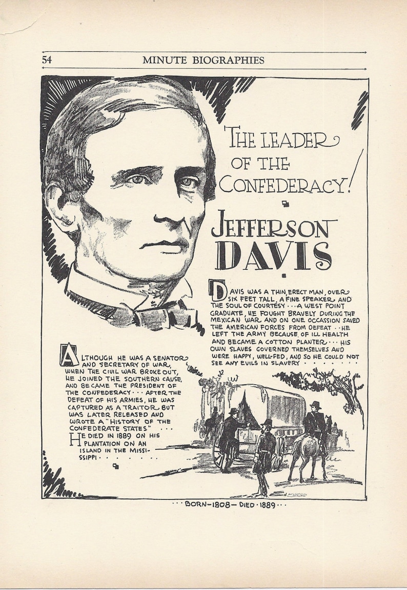 Jefferson Davis Vintage Art Print Confederacy Confederate - Etsy