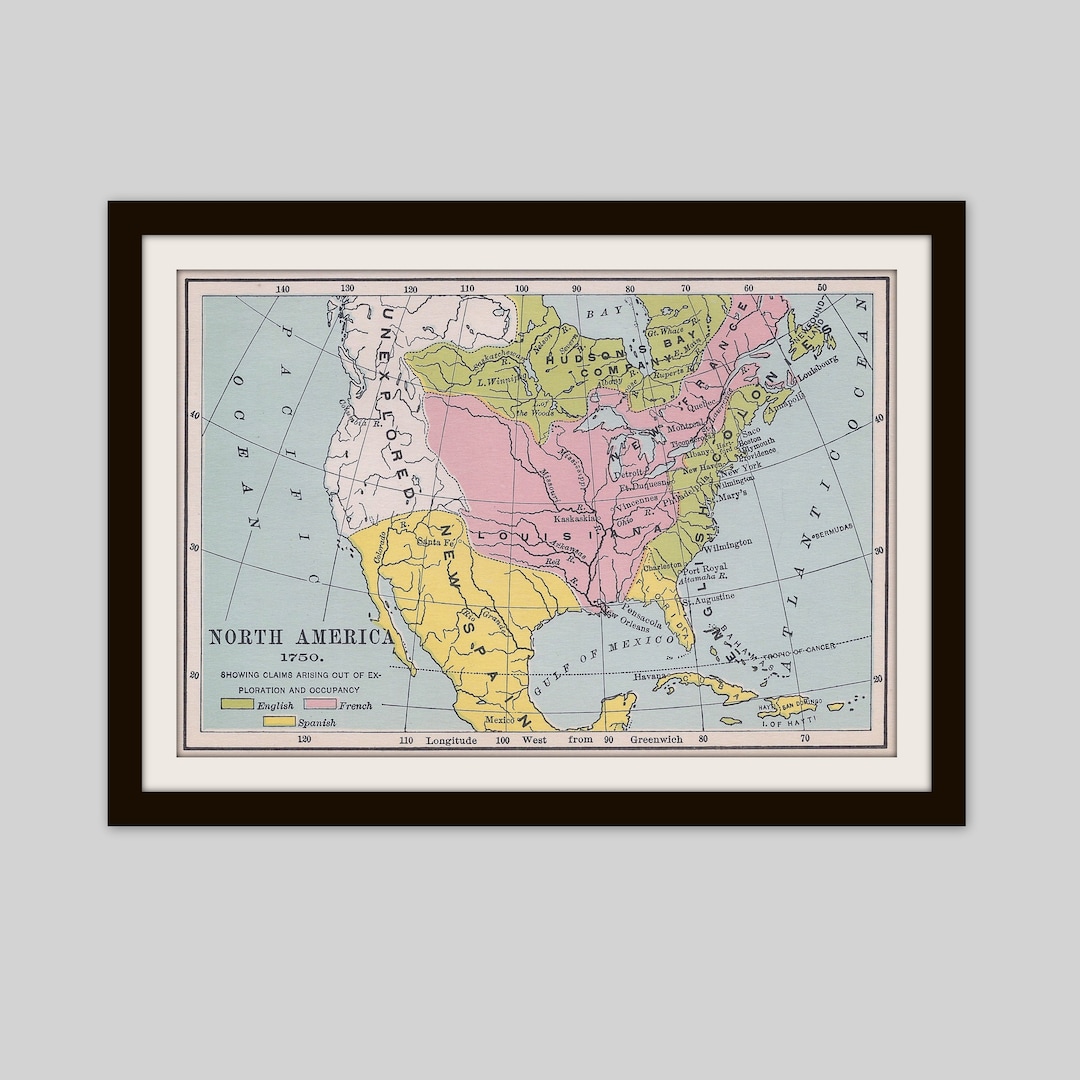 North America 1750, 1936 Vintage Map, American History Map, Colonial ...