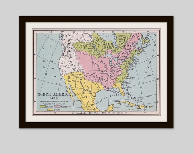 North America 1750, 1936 Vintage Map, American History Map, Colonial ...