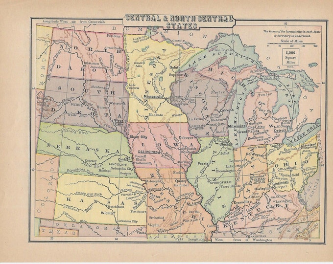 Midwest States United States Map Vintage Map 1896 - Etsy