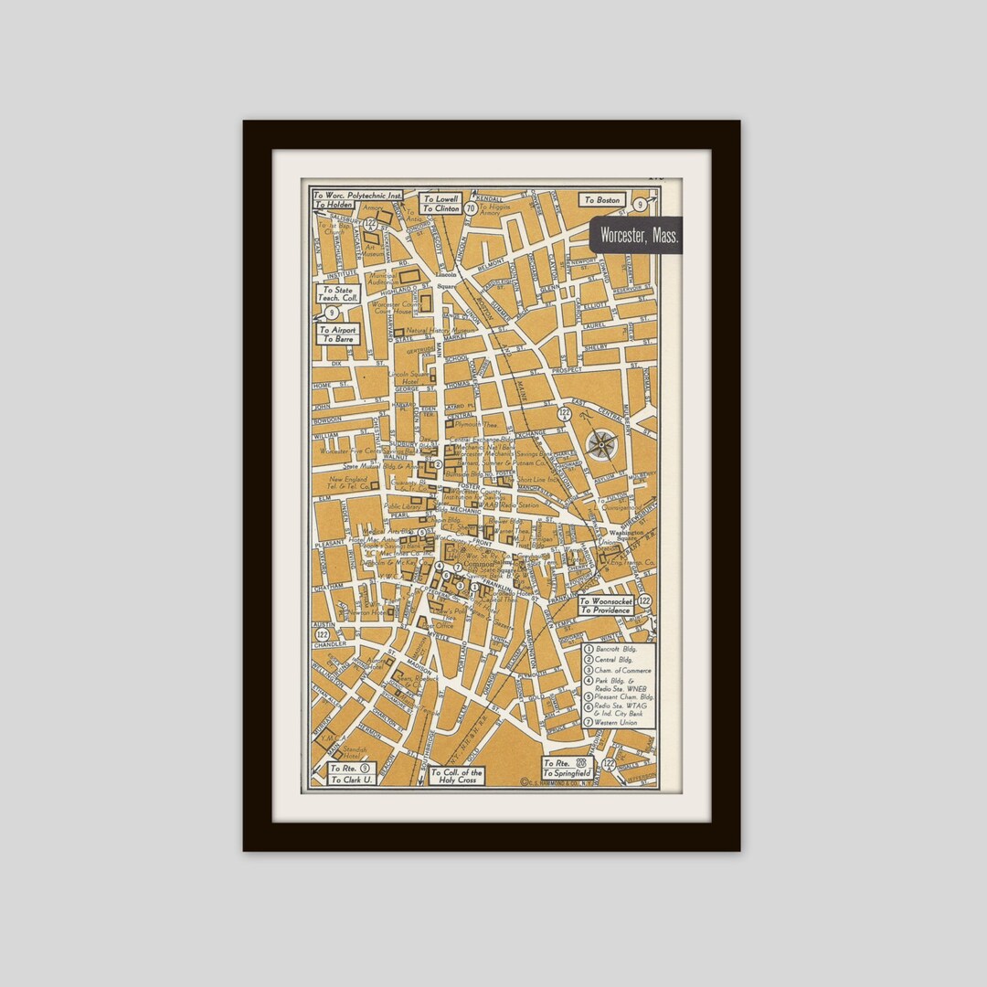 1950s Worcester Massachusetts Map: Vintage City Street Art - Etsy