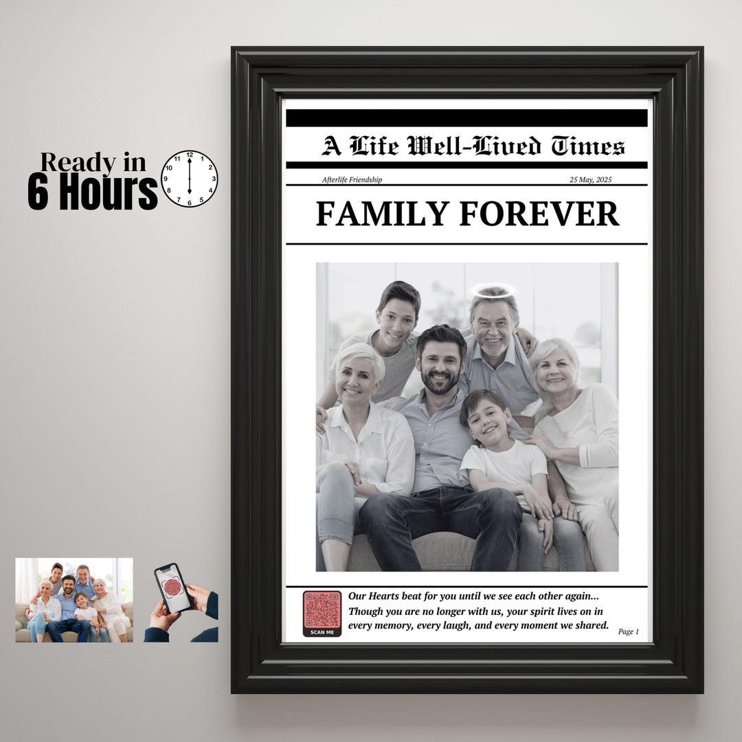 Custom Newspaper Memorial Portrait With QR Code | Personalized Tribute ...