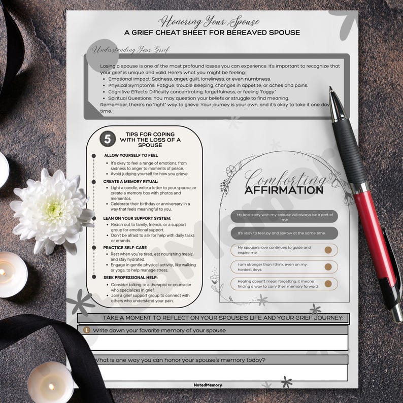 Printable Spousal Grief Cheat Sheet for Widows,widowers, Counselors ...