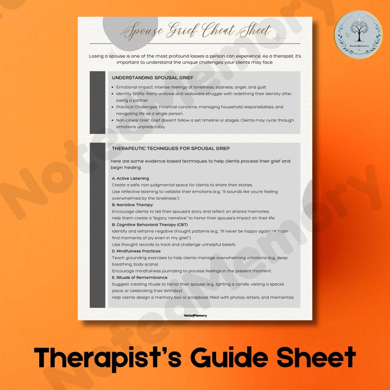 Printable Spousal Grief Cheat Sheet for Widows,widowers, Counselors Therapists Tool, Grief and ...