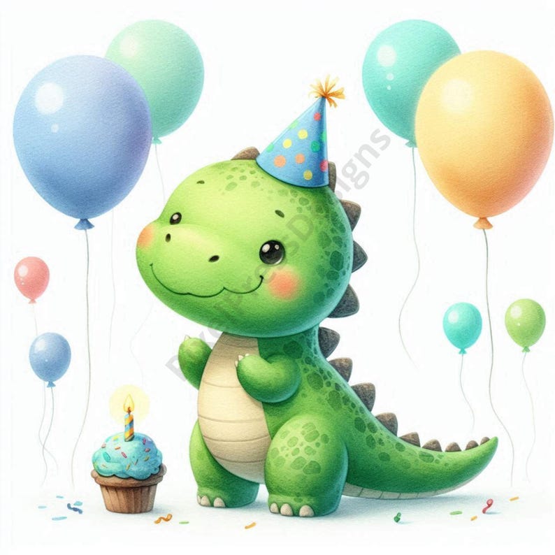 Watercolor Dinosaur Birthday Clipart Bundle, Party Dino Pngs (digital ...