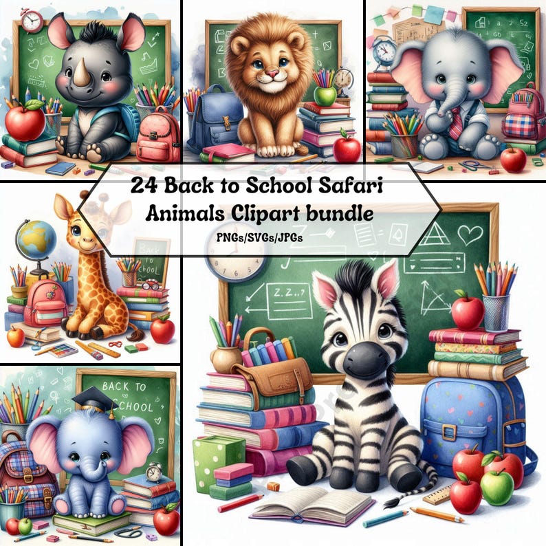 Safari Back to School Animals Clipart Bundle PNG, Cute Watercolor Lion ...