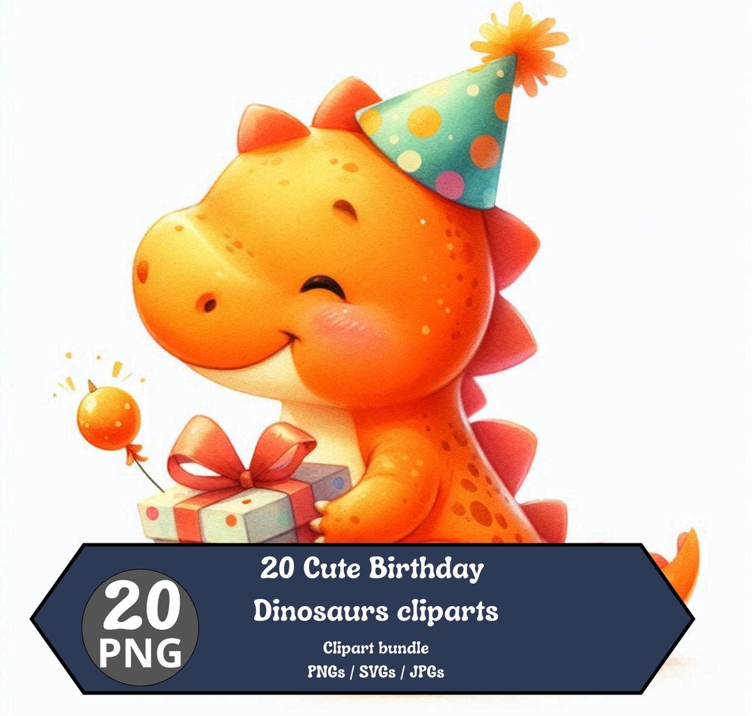 Watercolor Dinosaur Birthday Clipart Bundle, Party Dino Pngs (digital ...