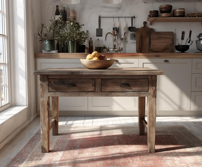 Handmade Oak Wood Kitchen Island: Rustic Farmhouse Table, Counter ...