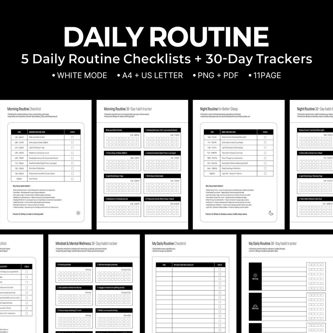 Daily Routine Bundle – 5 Checklists + 30-day Habit Trackers | A4 & US ...