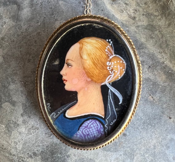 Antique Hand Painted Lady Signed Silver Pendant Brooch - Gem
