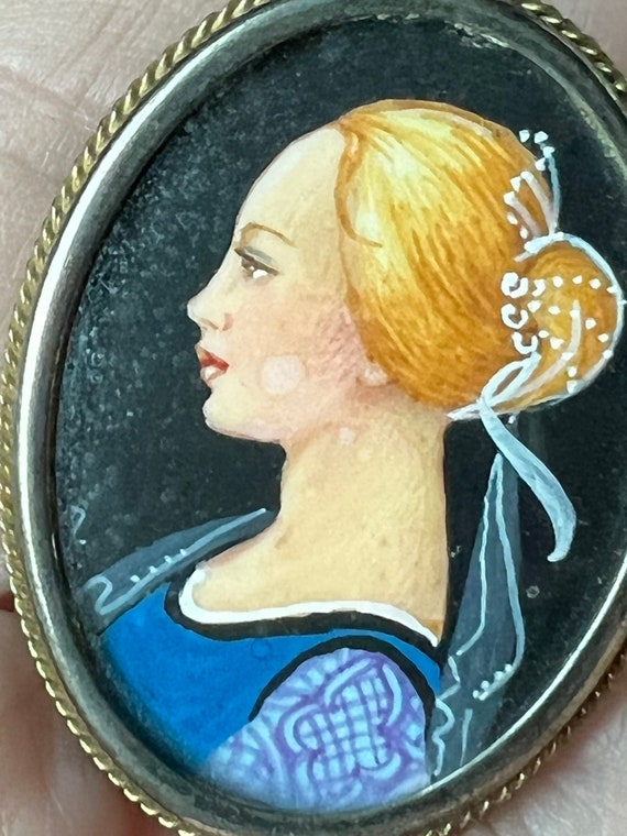 Antique Hand Painted Lady Signed Silver Pendant Brooch - Gem