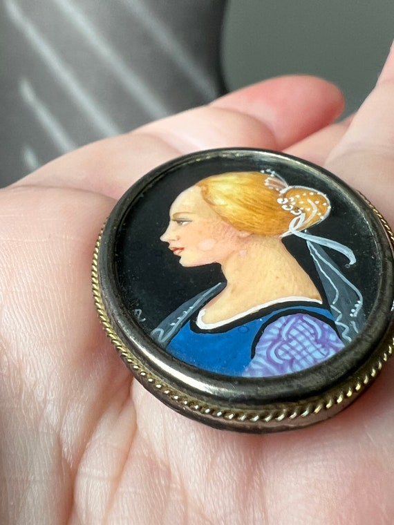 Antique Hand Painted Lady Signed Silver Pendant Brooch - Gem