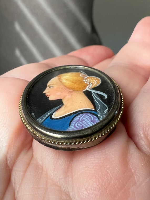 Antique Hand Painted Lady Signed Silver Pendant Brooch - Gem