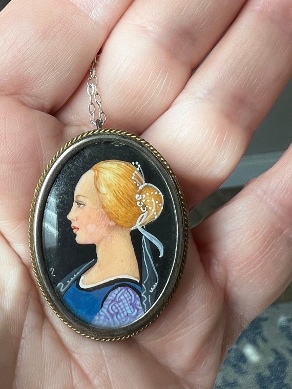 Antique Hand Painted Lady Signed Silver Pendant Brooch - Gem