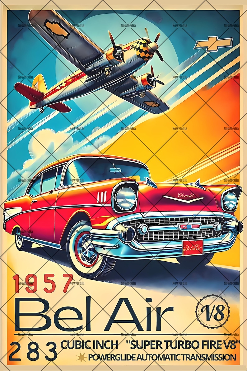 1957 Chevy Bel Air Poster Vintage Car Print, Race Car Poster - Digital ...