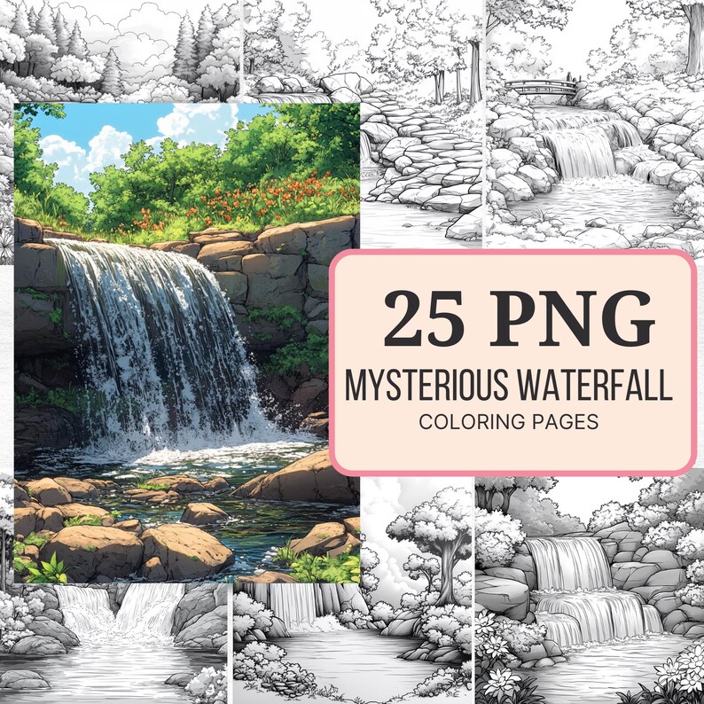 Mysterious Waterfall Art Page, Fantasy Nature Printable for Adults ...