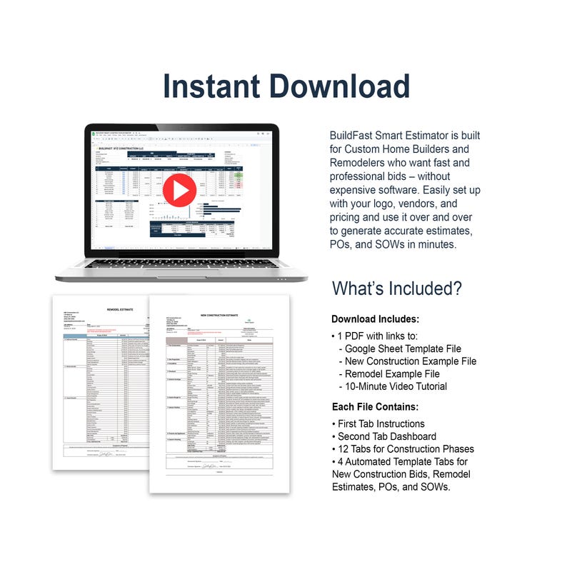 Buildfast Smart Construction Estimator | Automated Bids, Pos & Cost Tracking (google Sheets ...