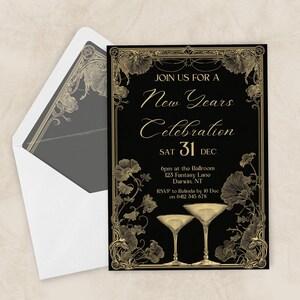 Art Nouveau New Years Eve Party Invitation | Elegant Gold Cocktail NYE ...