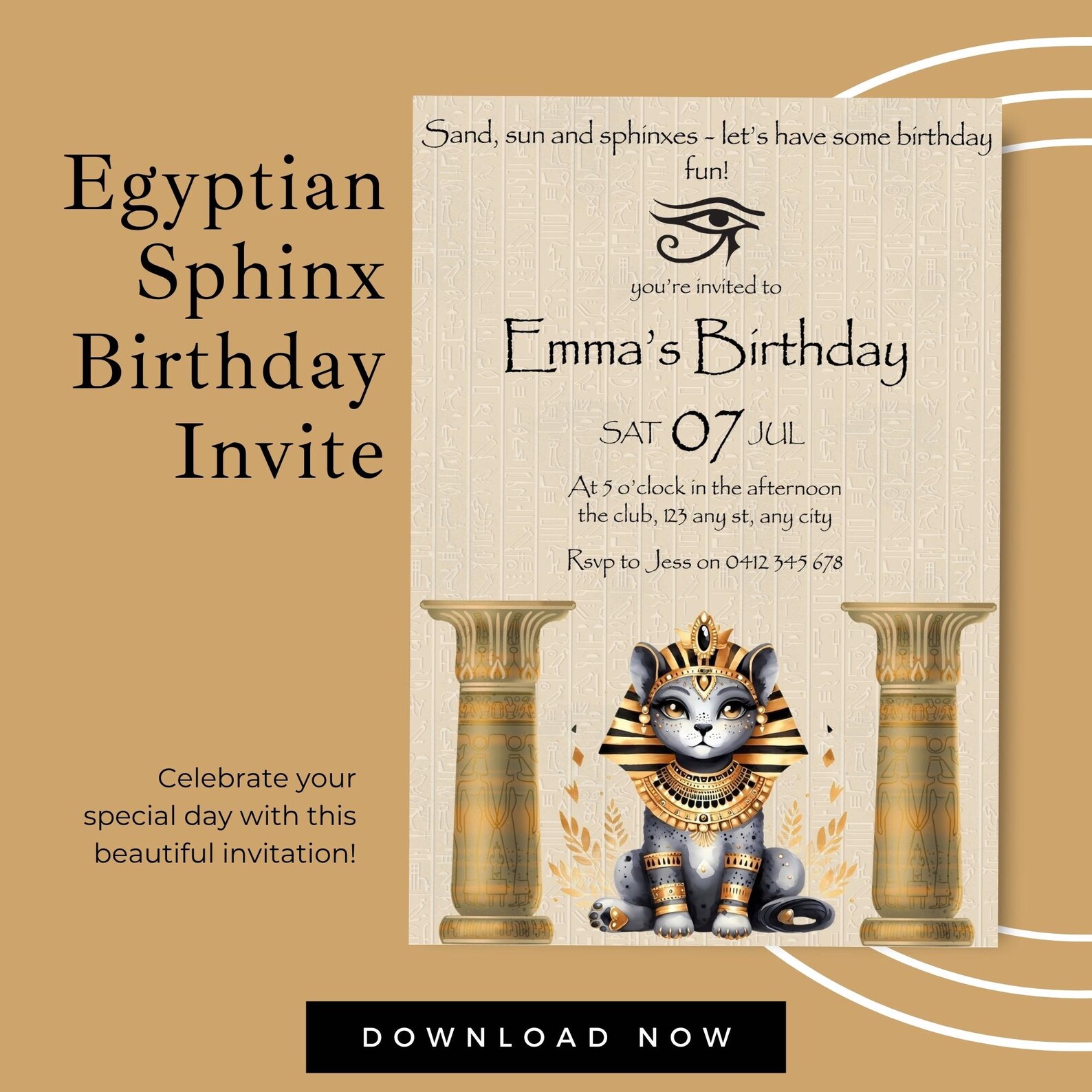 Black Sphinx Birthday Invitation Template, Printable Egyptian Theme ...
